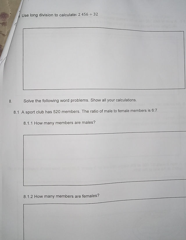 Use long division to calculate: 2 456 + 32 | StudyX