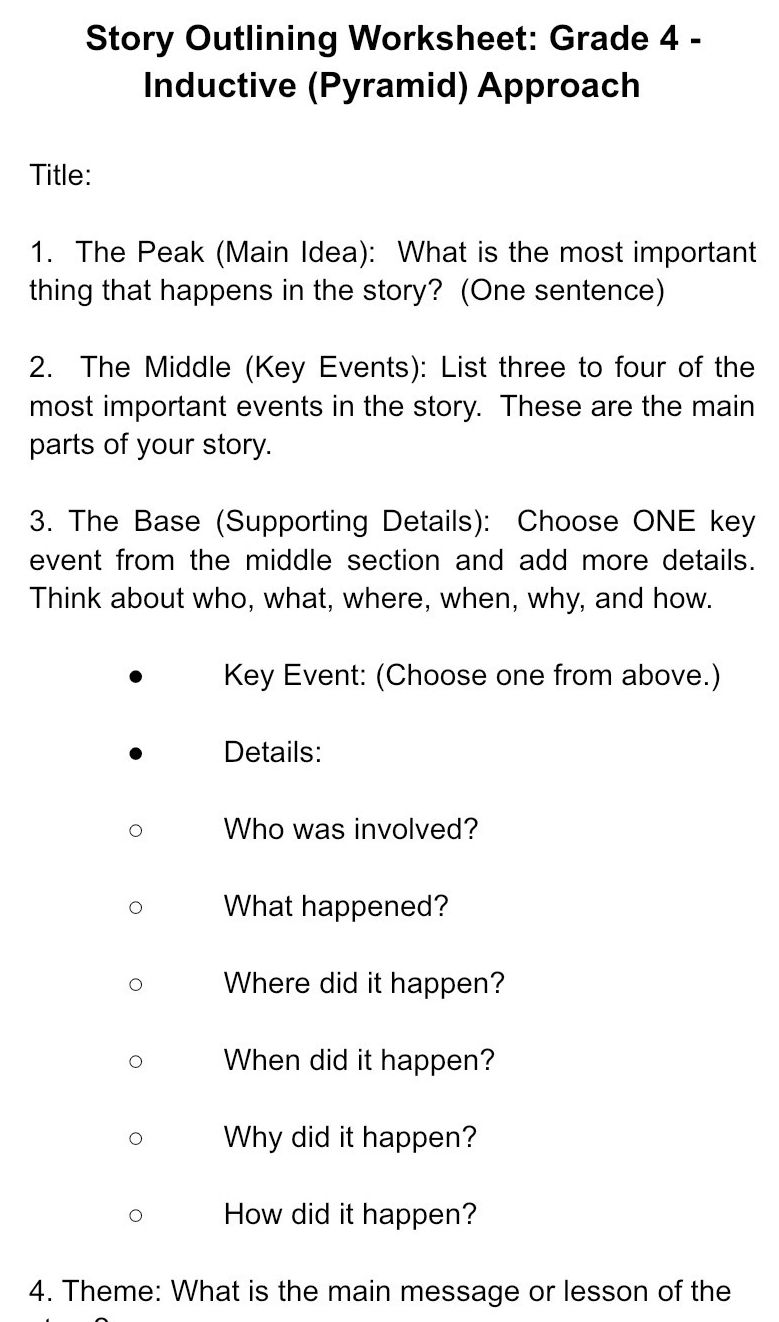 Story Outlining Worksheet Grade 4 - | StudyX