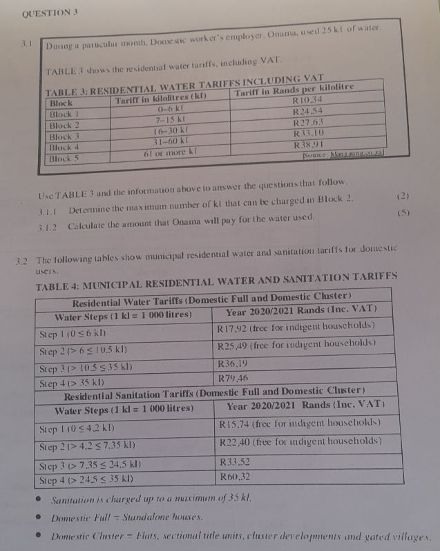 TABLE 3: RESIDENTIAL WATER TARIFFS INCLUDING | StudyX