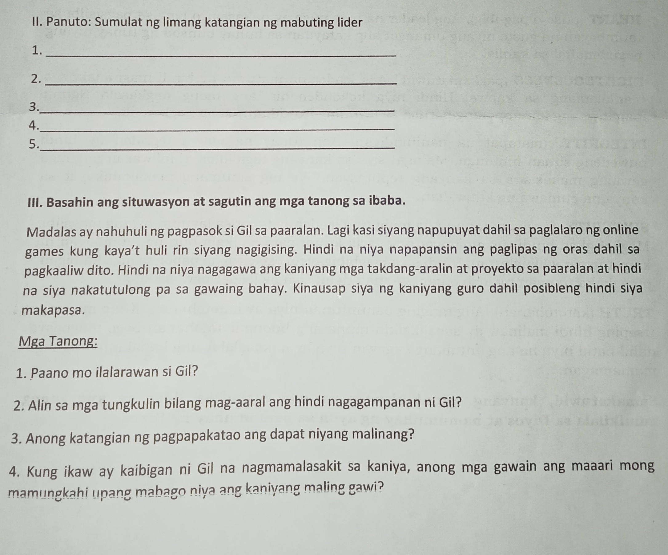 II Panuto Sumulat ng limang katangian ng | StudyX