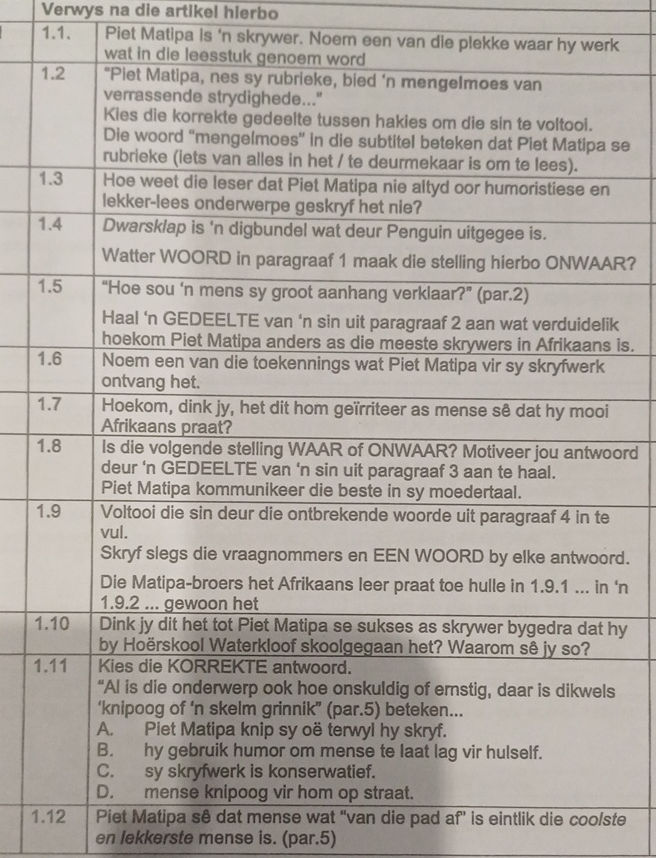 Verwys na die artikel hierbo 1.1. Piet | StudyX