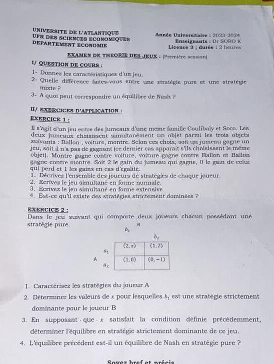 I/ QUESTION DE COURS: 1- Donnez les | StudyX