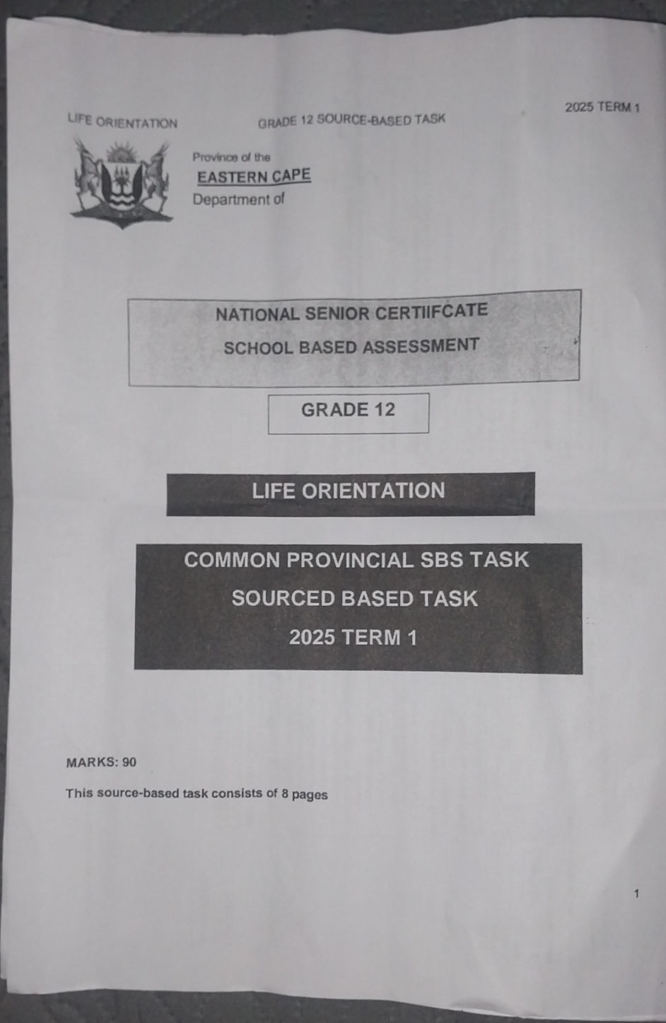 LIFE ORIENTATION GRADE 12 SOURCE-BASED TASK | StudyX