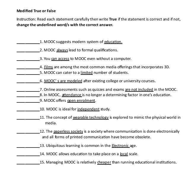 Modified True or False Instruction: Read | StudyX