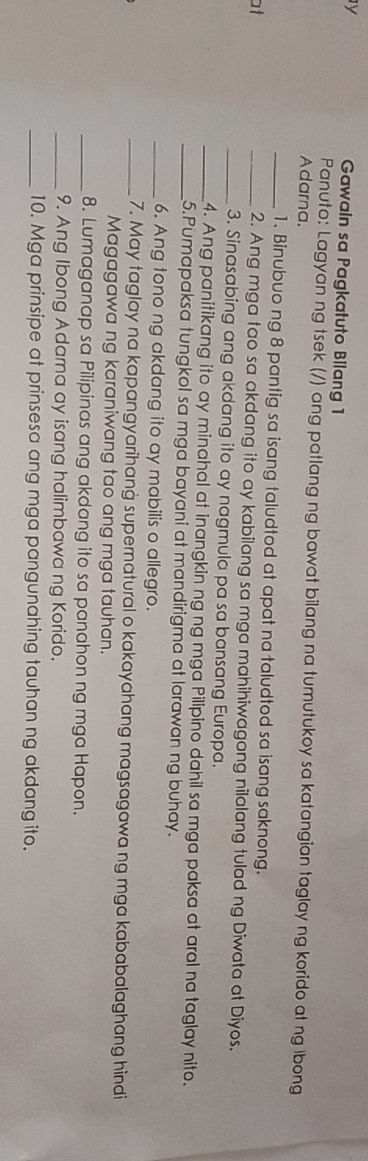 Gawain sa Pagkatuto Bilang 1 Panuto: Lagyan | StudyX