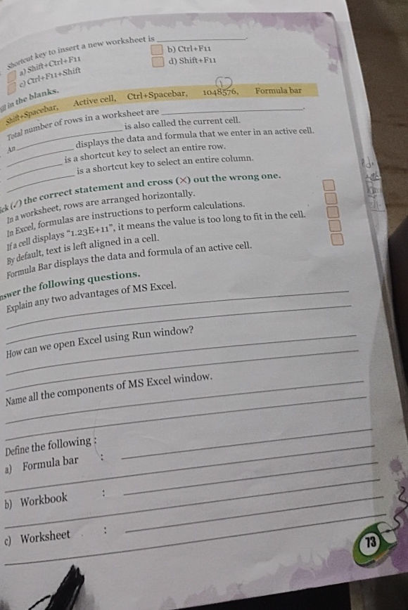 Shortcut key to insert a new worksheet is a) | StudyX