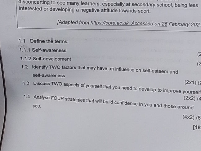 1.1 Define the terms: 1.1.1 Self-awareness | StudyX