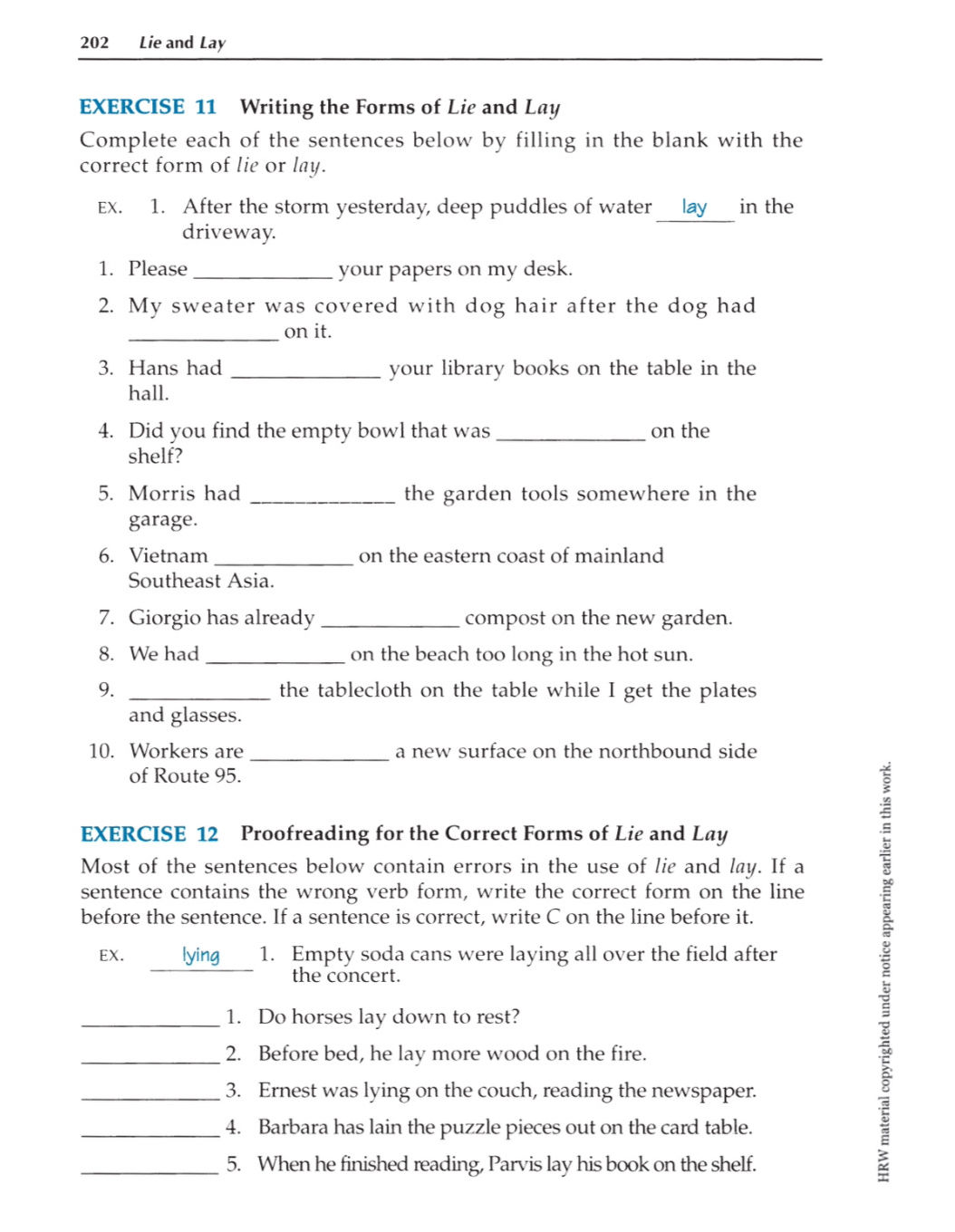 EXERCISE 11 Writing the Forms of Lie and Lay | StudyX