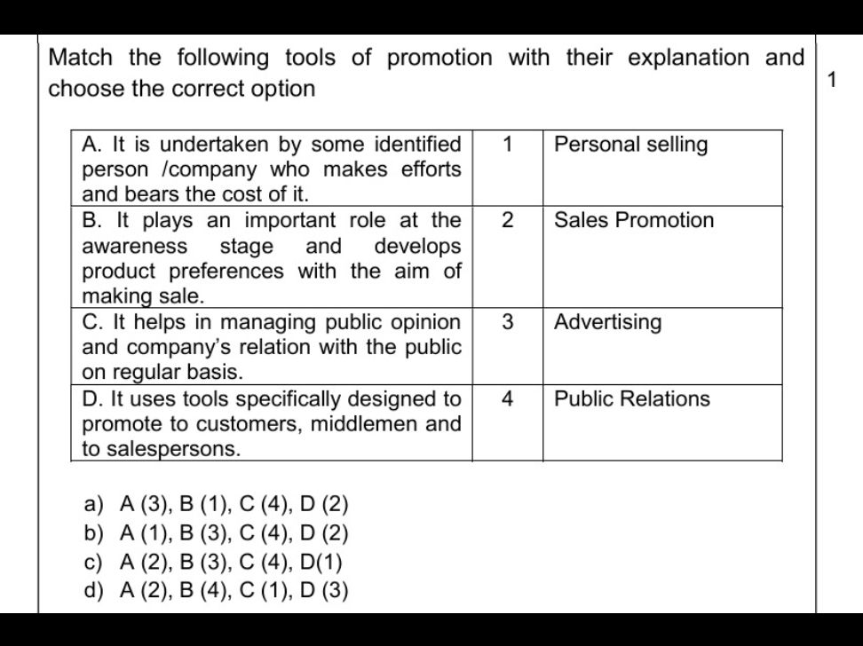 Match the following tools of promotion with | StudyX