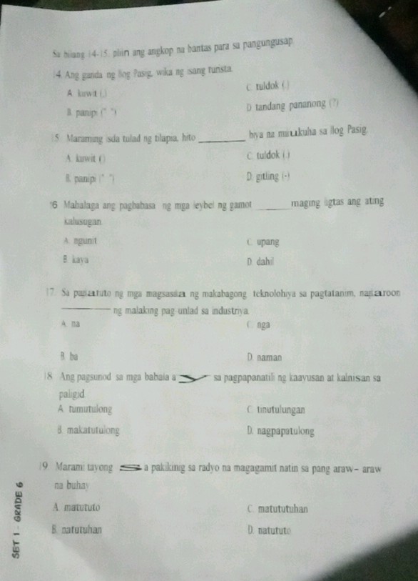 Sa bilang 14-15. plin ang angkop na bantas | StudyX