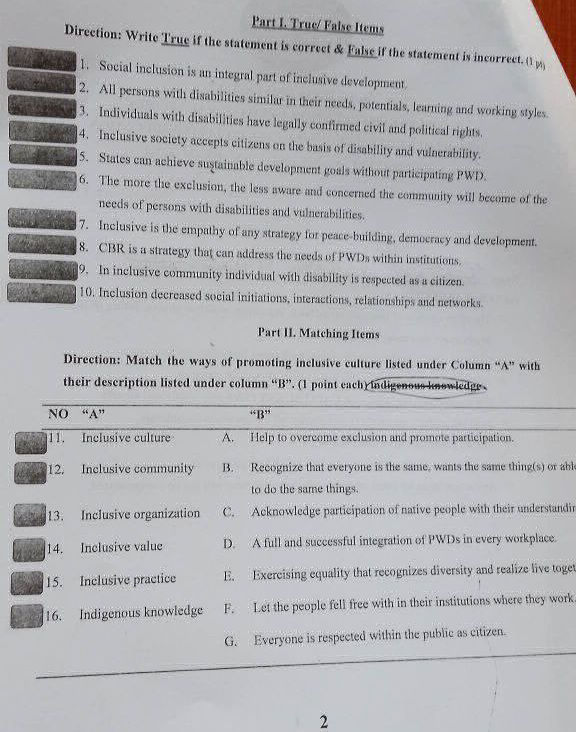 Part I True/False Items Direction Write True | StudyX