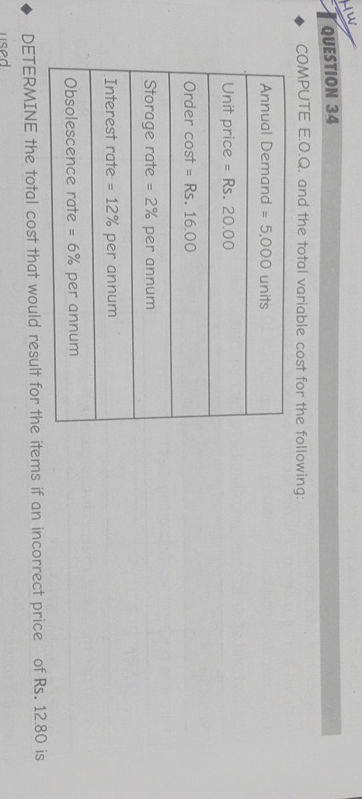COMPUTE E.O.Q. and the total variable cost | StudyX