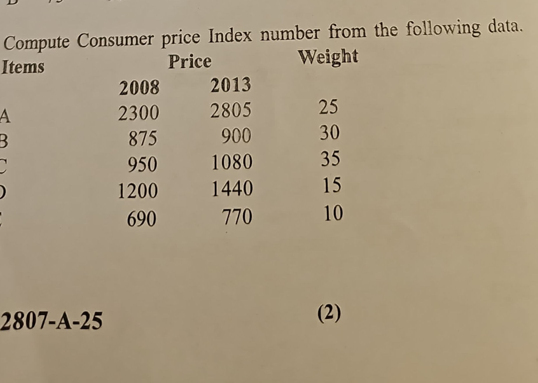 Compute Consumer price Index number from the | StudyX