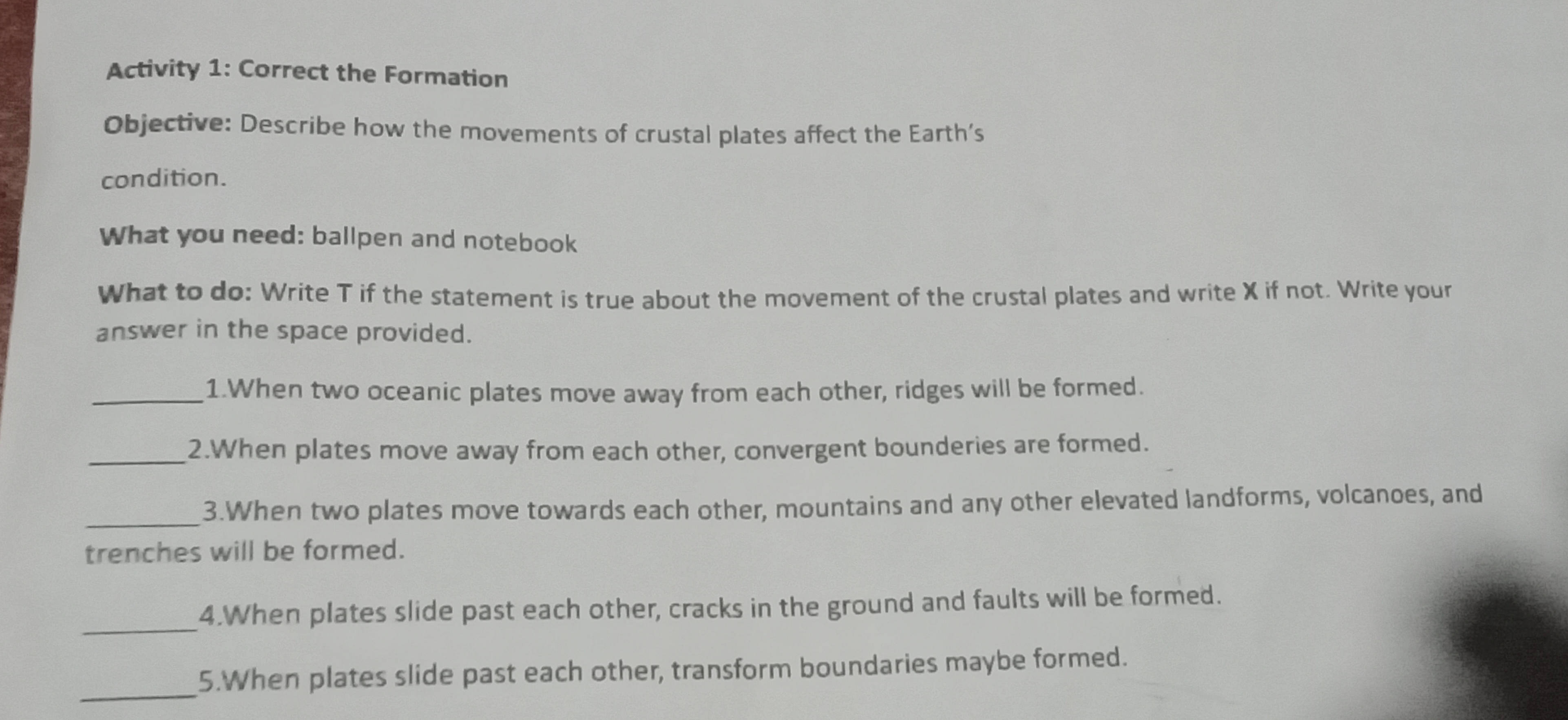 Activity 1 Correct the Formation Objective | StudyX