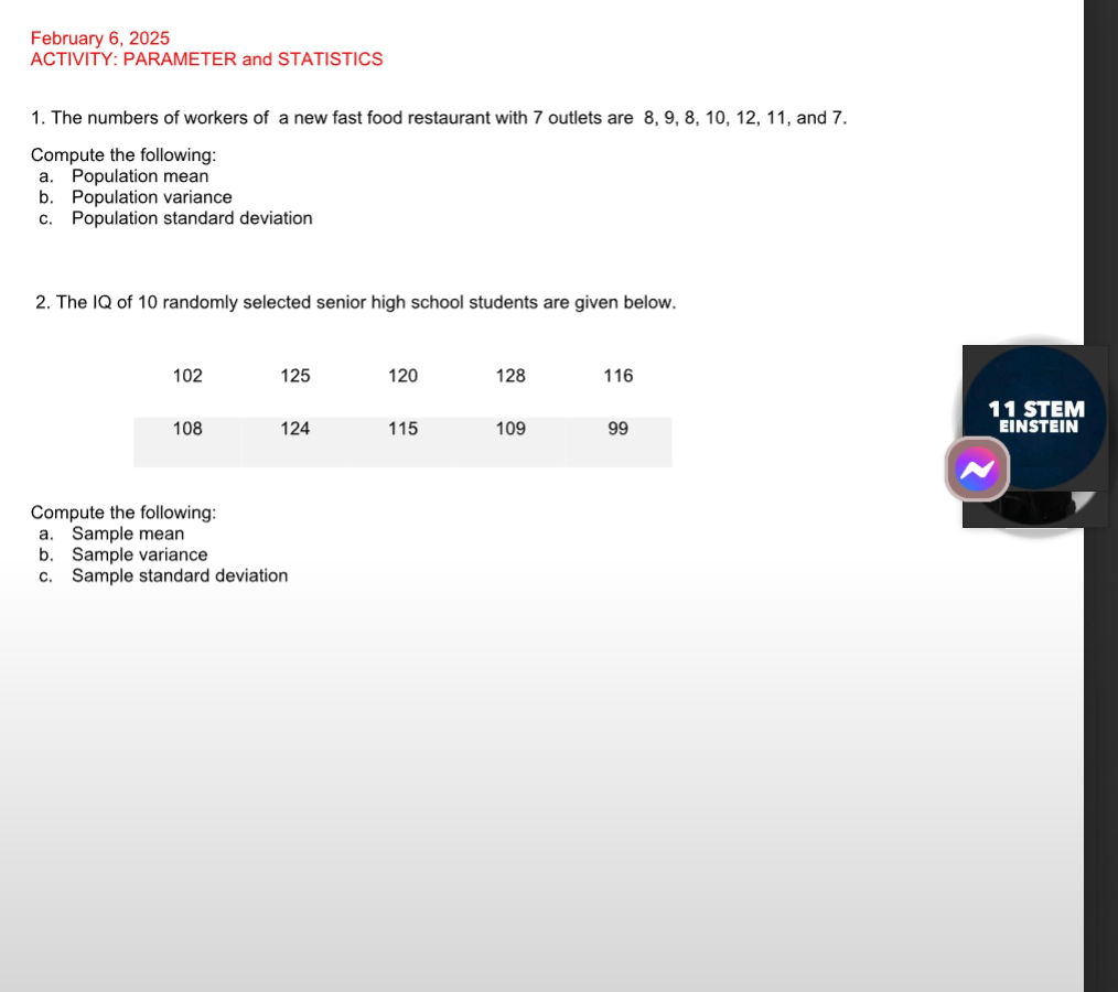 February 6 2025 ACTIVITY PARAMETER and | StudyX