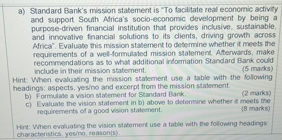 a) Standard Banks mission statement is To