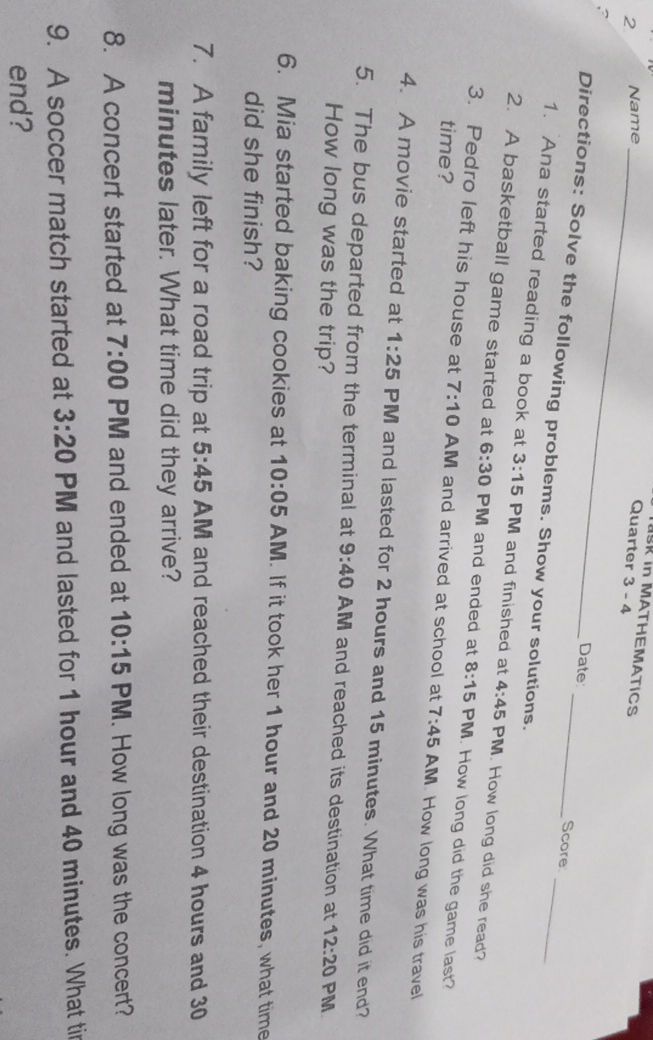 Directions: Solve the following problems. | StudyX