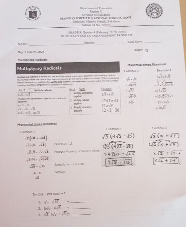 Try this 3pts each +1 1 5 10 = 2 5 6 4 8 = 3