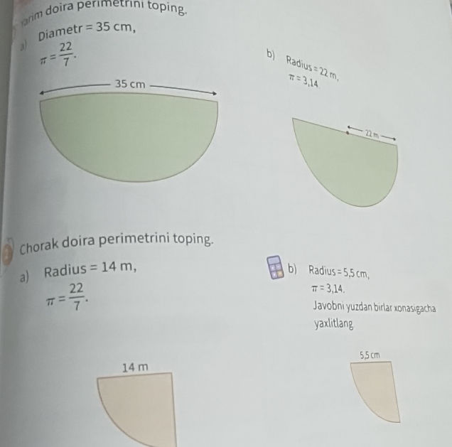 Chorak doira perimetrini toping a) Radius = | StudyX