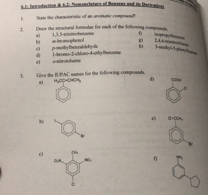 1. State the characteristic of an aromatic | StudyX