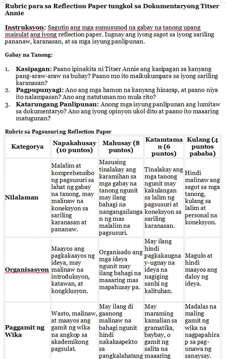 Rubric para sa Reflection Paper tungkol sa | StudyX