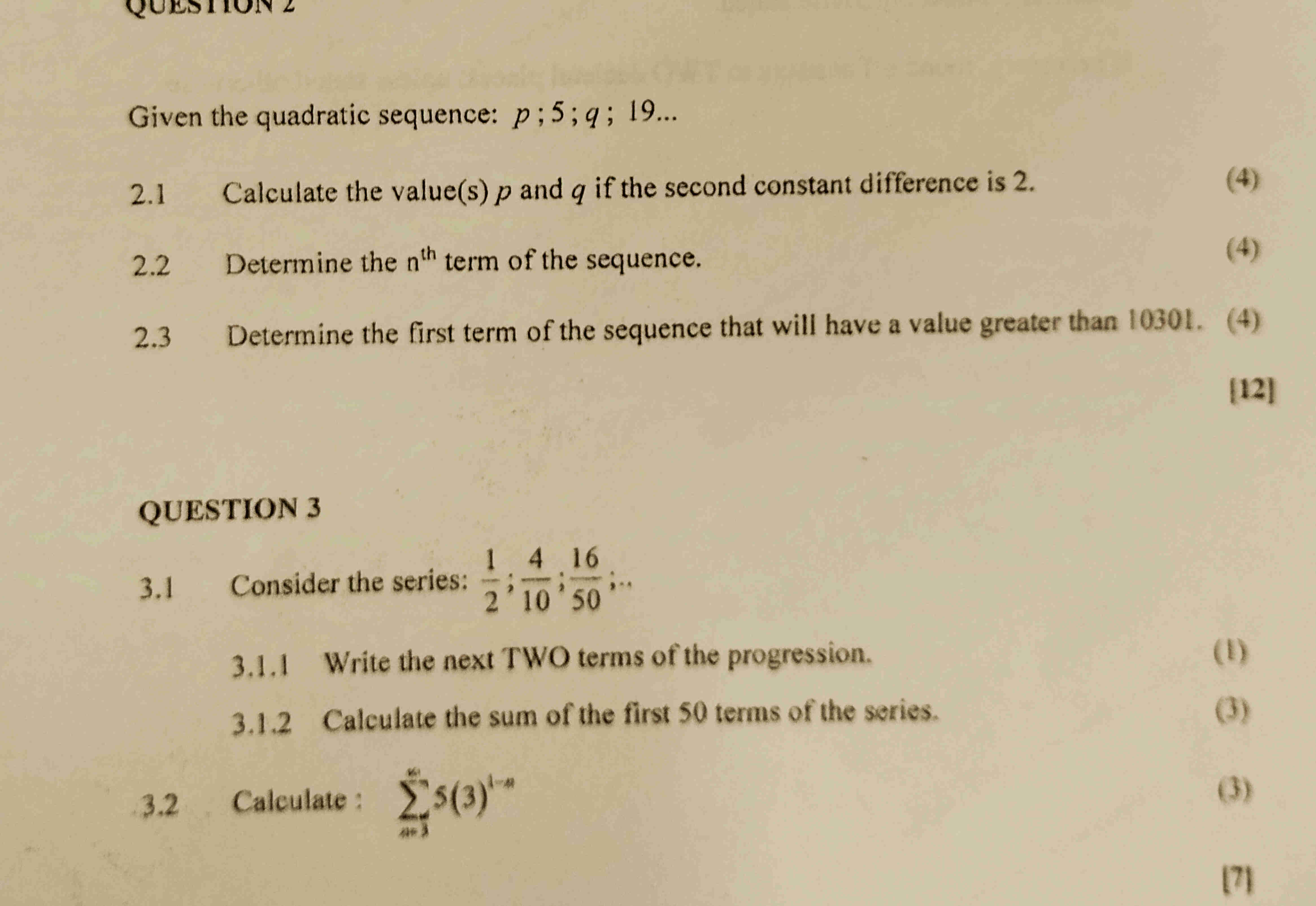 QUESTION 2 Given the quadratic sequence p5q | StudyX
