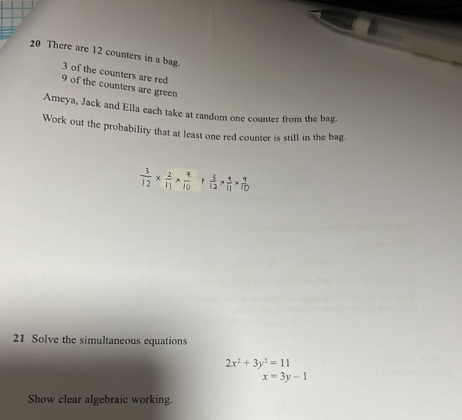 20 There are 12 counters in a bag. 3 of the