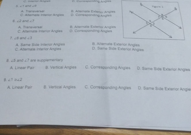 5. \( 1\) and \( 6\) A. Transversal C. | StudyX