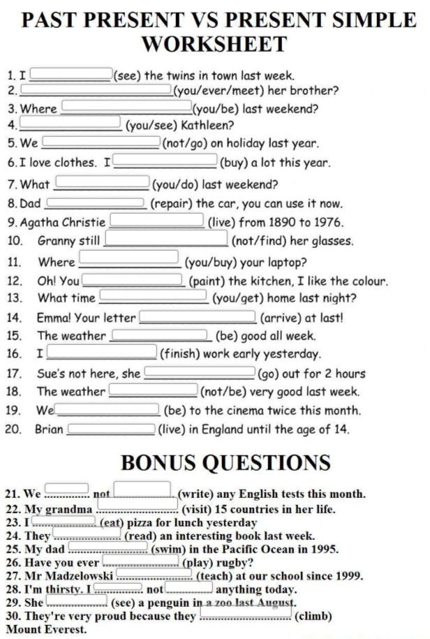 PAST PRESENT VS PRESENT SIMPLE WORKSHEET 1 I | StudyX