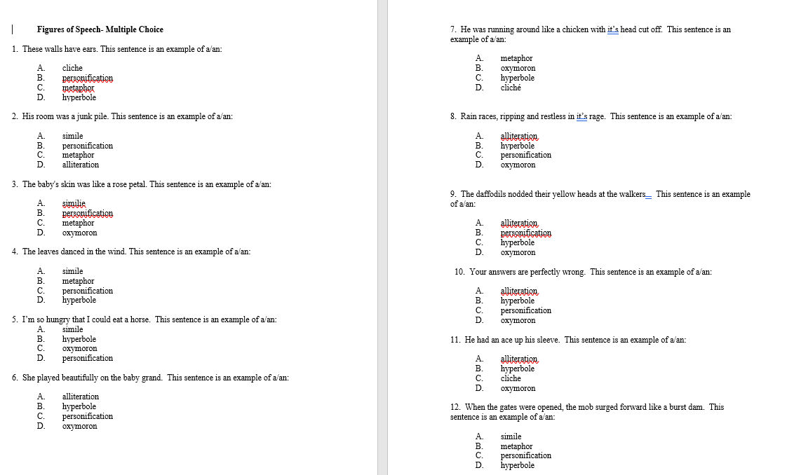 Figures of Speech- Multiple Choice 1. These | StudyX