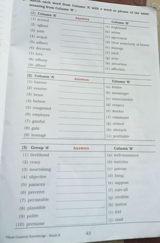 Match each word from Column A with a word or | StudyX