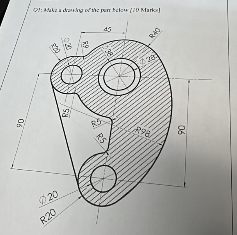 Q1 Make a drawing of the part below 10 Marks | StudyX