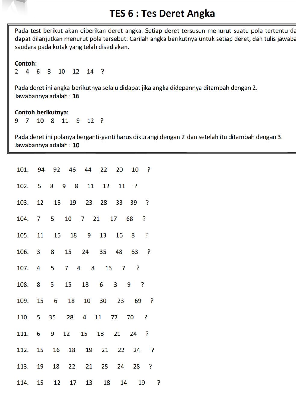 TES 6 Tes Deret Angka Pada test berikut akan