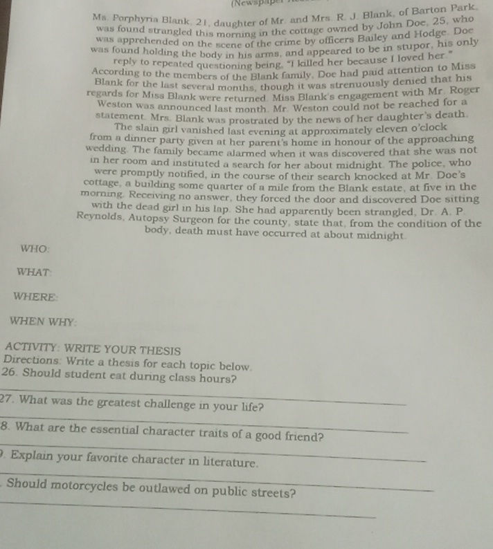 ACTIVITY: WRITE YOUR THESIS Directions: | StudyX