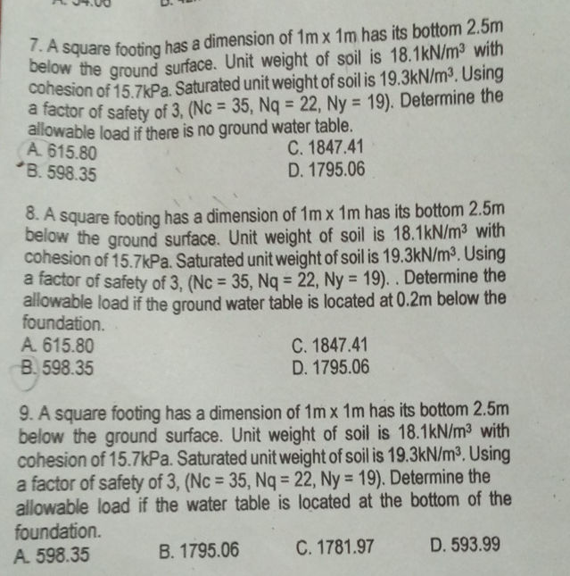 7. A square footing has a dimension of 1m x | StudyX