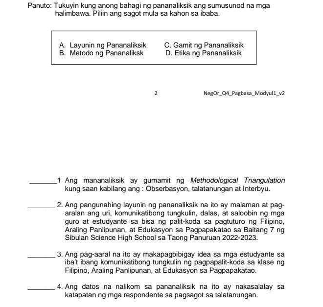 Panuto Tukuyin kung anong bahagi ng | StudyX