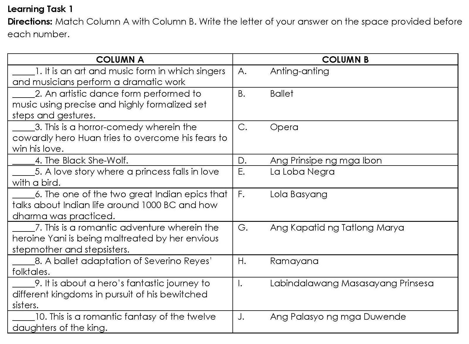 Directions Match Column A with Column B | StudyX