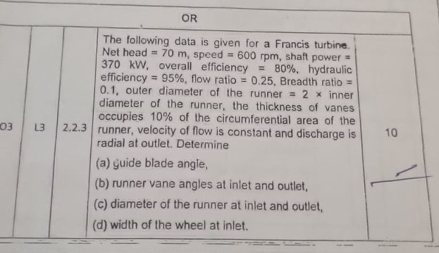 The following data is given for a Francis | StudyX