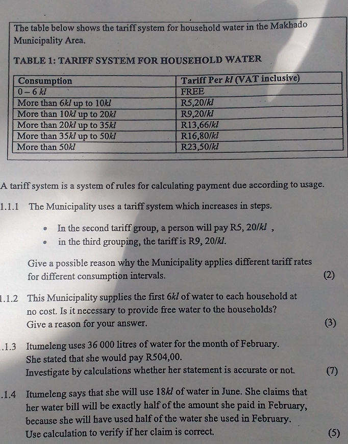TABLE 1: TARIFF SYSTEM FOR HOUSEHOLD WATER | | StudyX