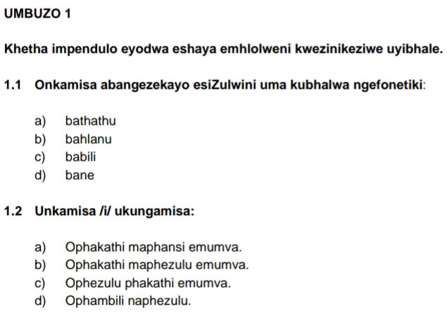 UMBUZO 1 Khetha impendulo eyodwa eshaya