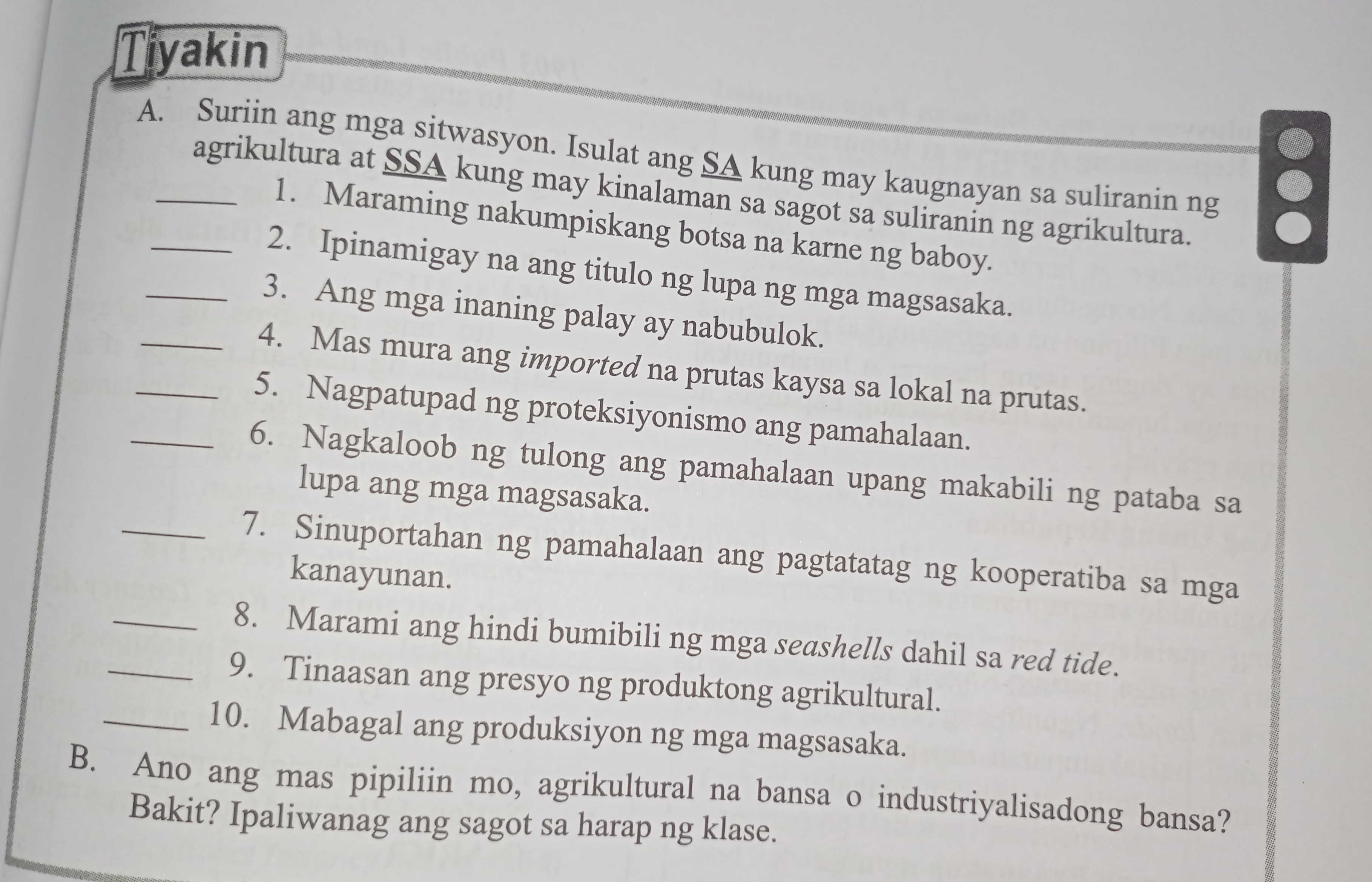 A Suriin ang mga sitwasyon Isulat ang SA | StudyX