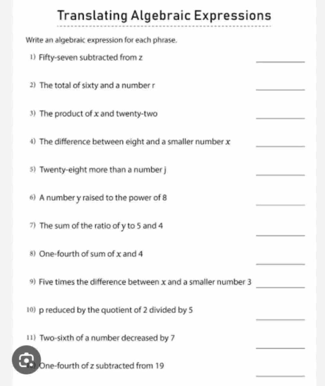 Translating Algebraic Expressions Write an | StudyX