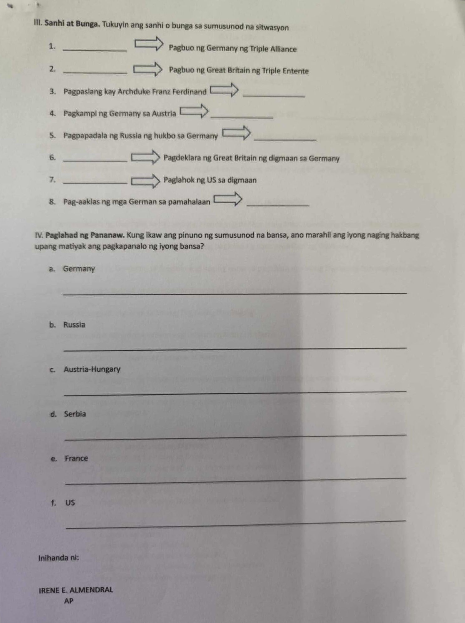 III. Sanhi at Bunga. Tukuyin ang sanhi o | StudyX