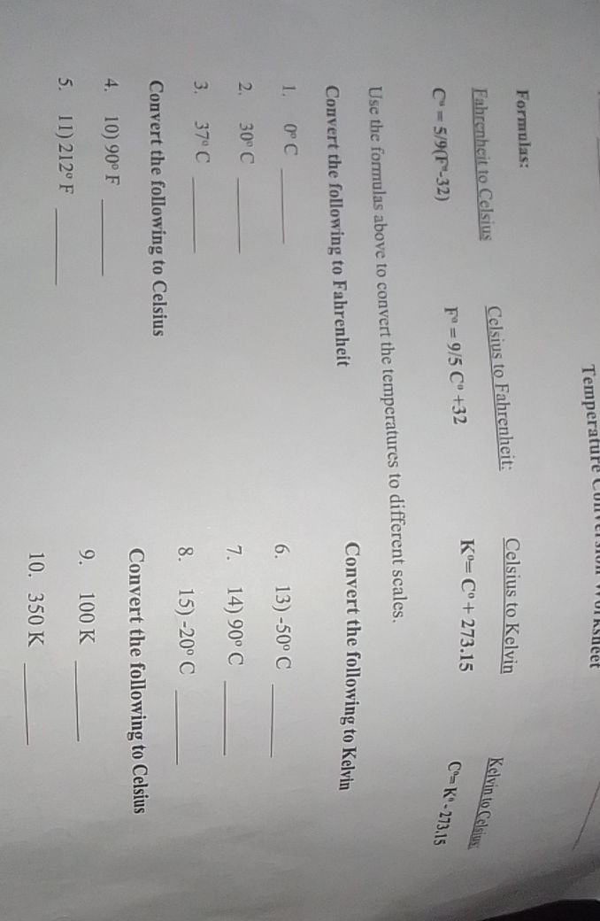 Temperature Conversion worksheet Formulas | StudyX