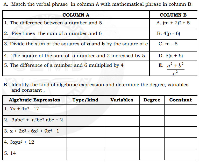 A. Match the verbal phrase in column A with