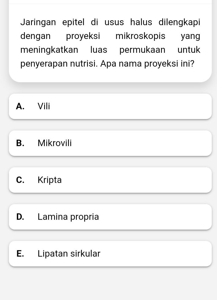 Jaringan epitel di usus halus dilengkapi | StudyX