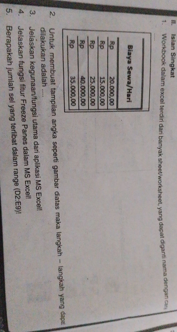 II Isian Singkat 1 Workbook dalam excel | StudyX