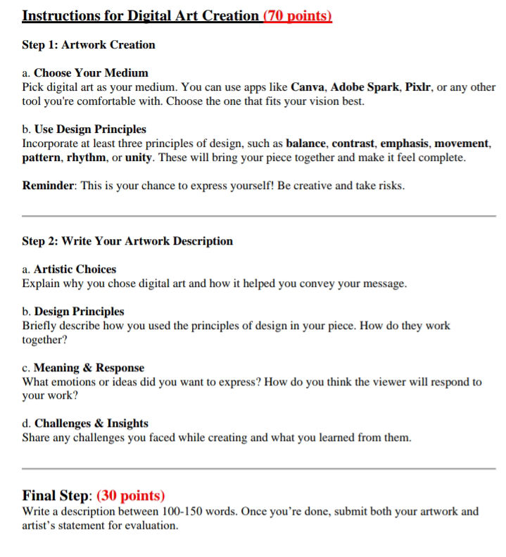 Instructions for Digital Art Creation (70 | StudyX