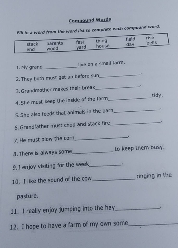 Compound Words Fill in a word from the word