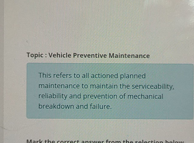 Topic Vehicle Preventive Maintenance This | StudyX